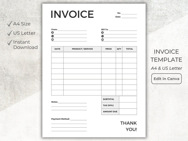 Blank Invoice Canva Template, Printable PDF Billing Form, Editable ...