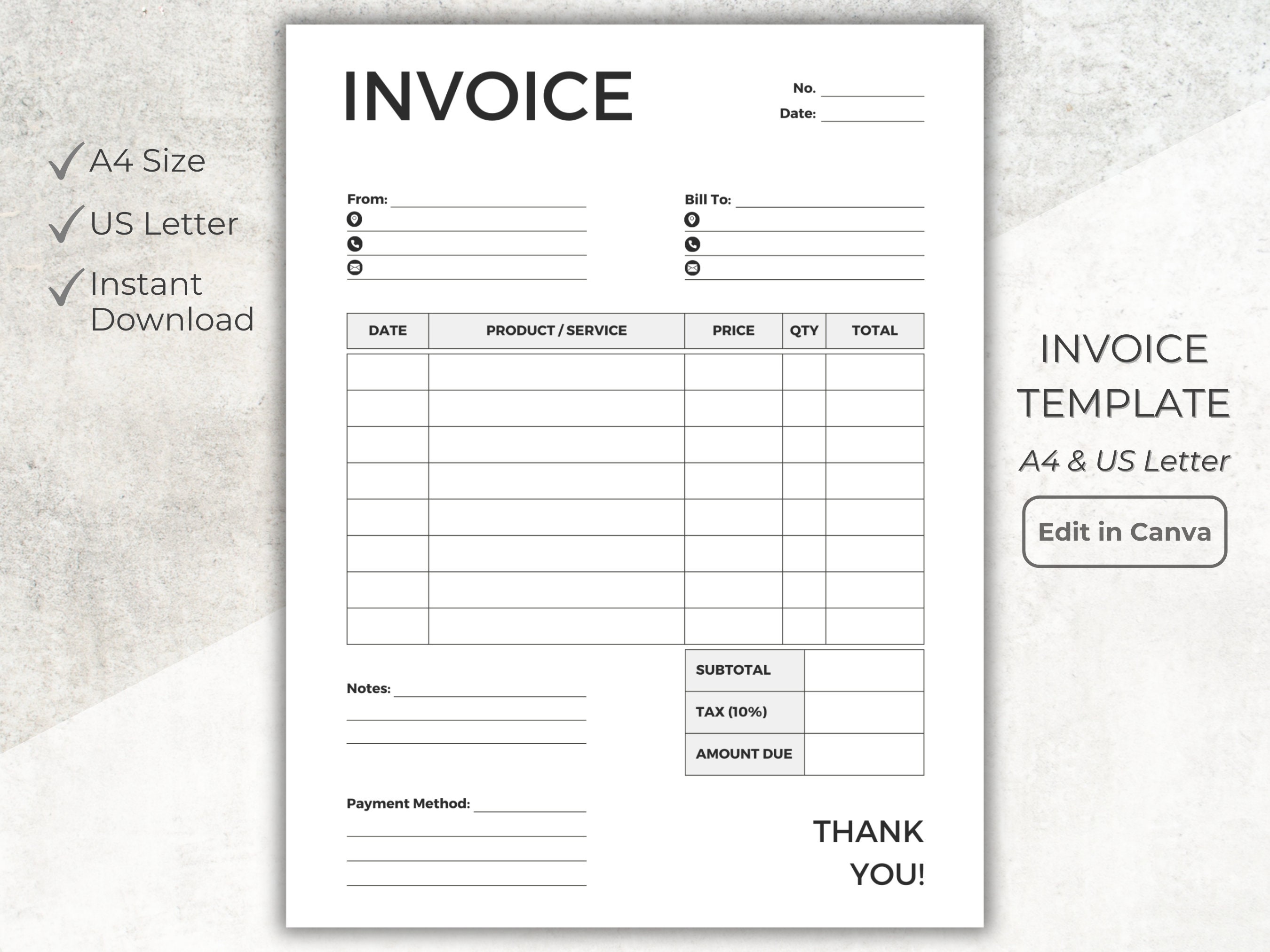 Blank Invoice Canva Template, Printable PDF Billing Form, Editable ...