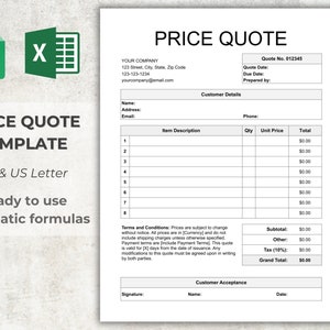 Price Quote Template | Editable Quote Form | Job Quotation for Small ...