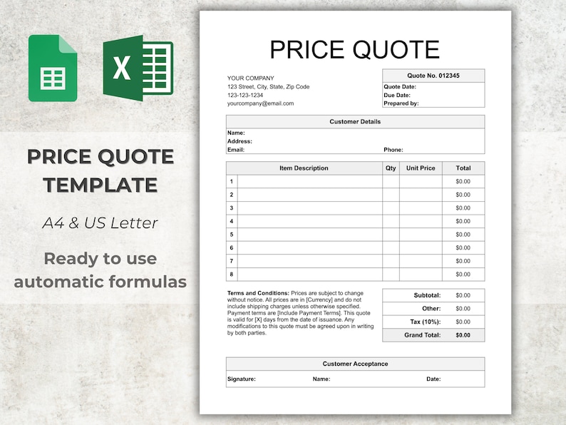 Price Quote Template | Editable Quote Form | Job Quotation for Small ...