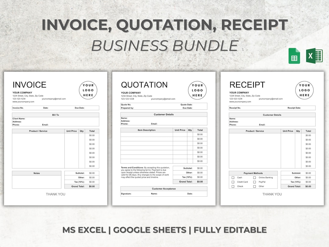 Invoice Template, Quotation, Receipt, Excel/google Sheets, Editable ...