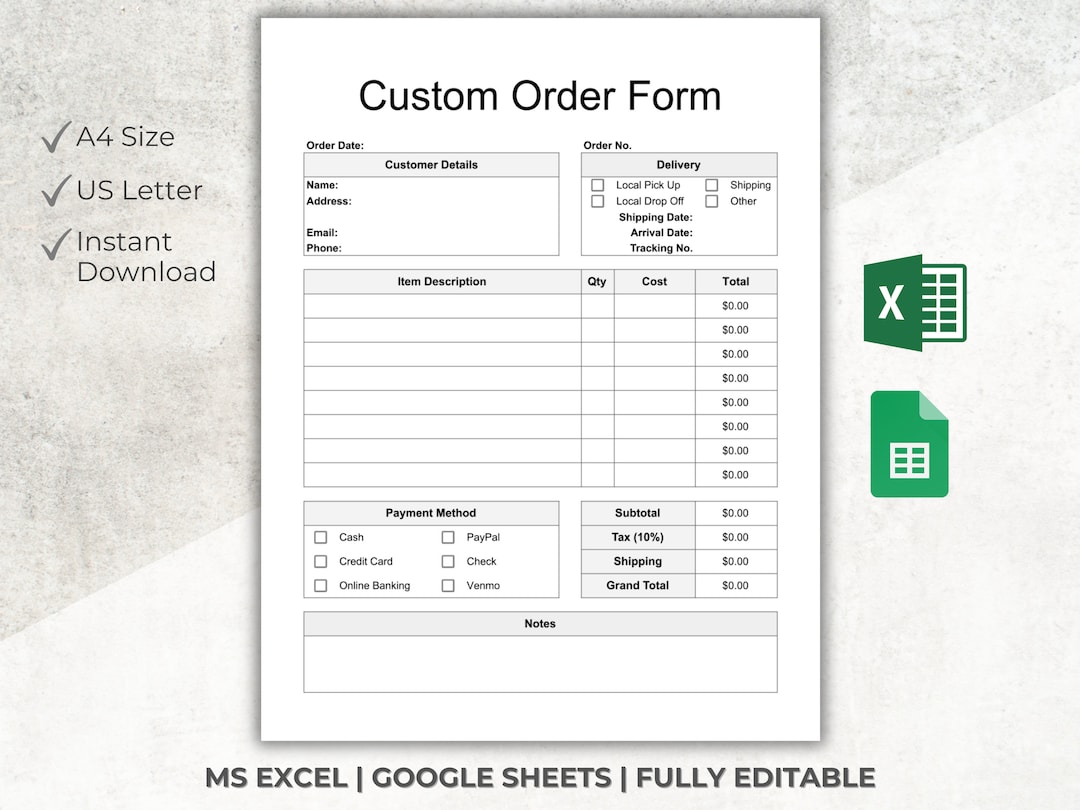 Custom Order Form Template | MS Excel | Google Sheets | Editable Small ...