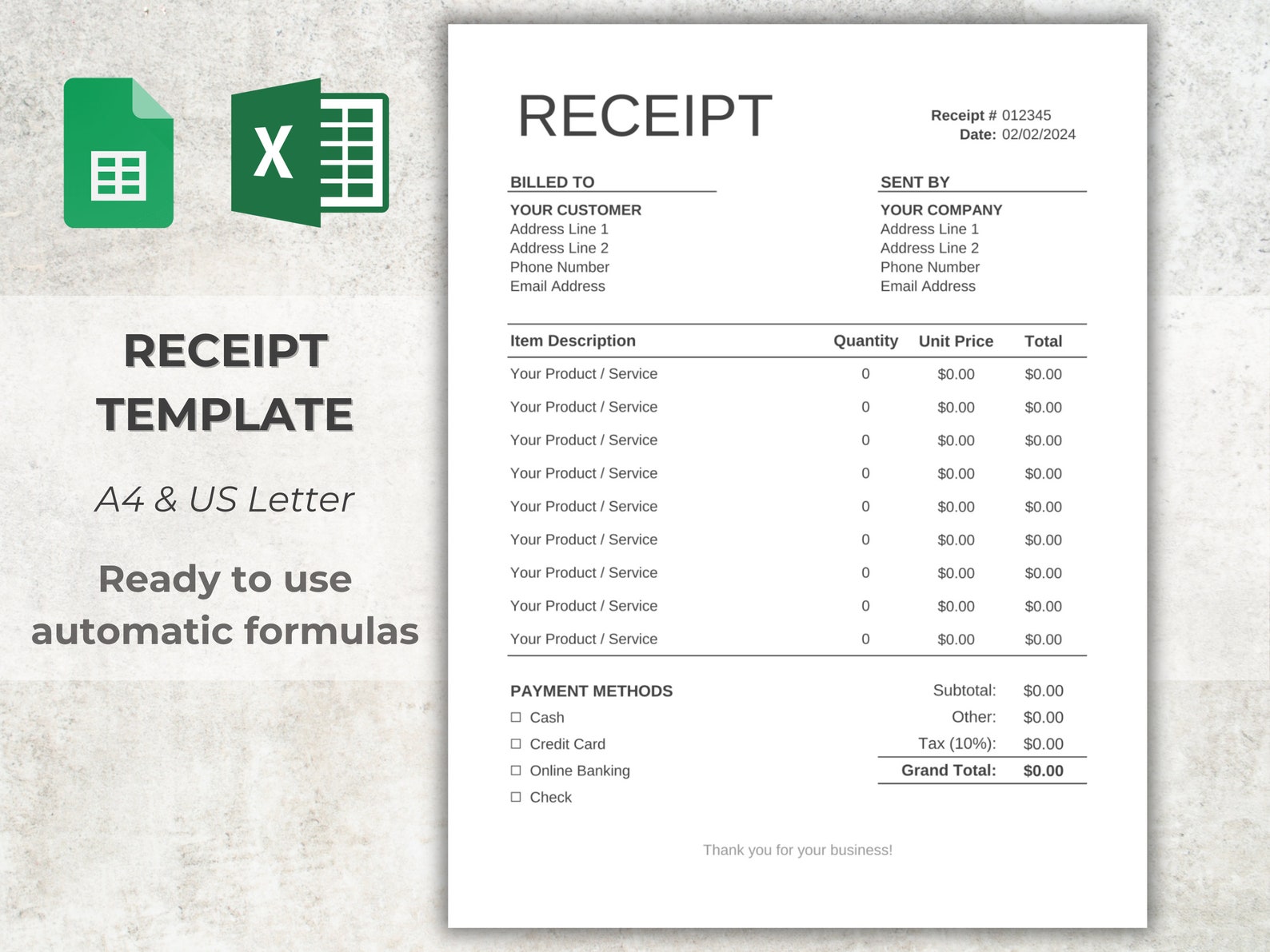 Editable Receipt Template, Excel & Google Sheets (A4/US Letter ...