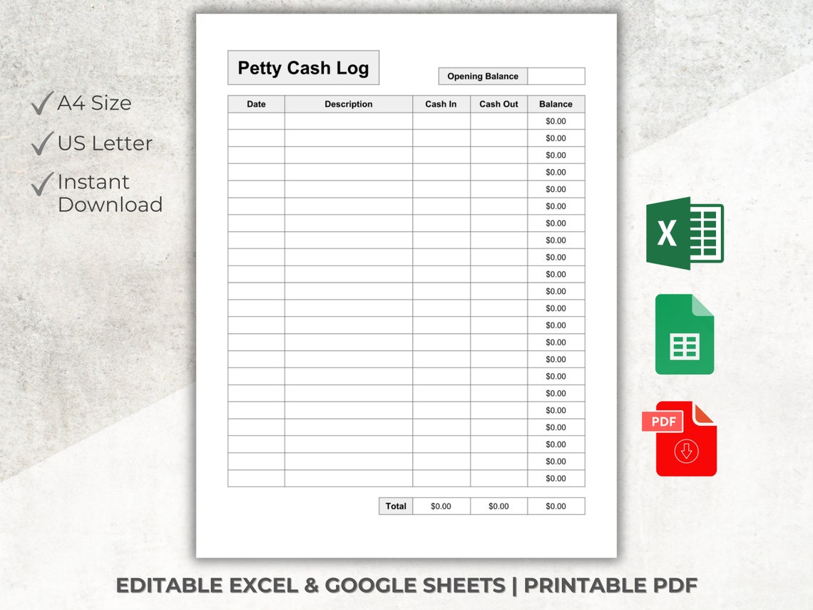 Editable Petty Cash Log Template, Excel, Google Sheets (PDF) - Etsy