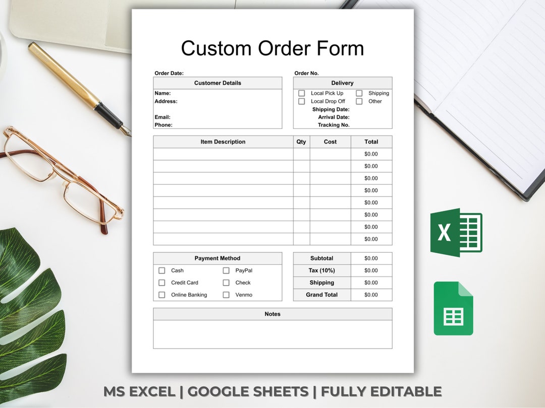 Custom Order Form Template MS Excel Google Sheets Editable Small ...