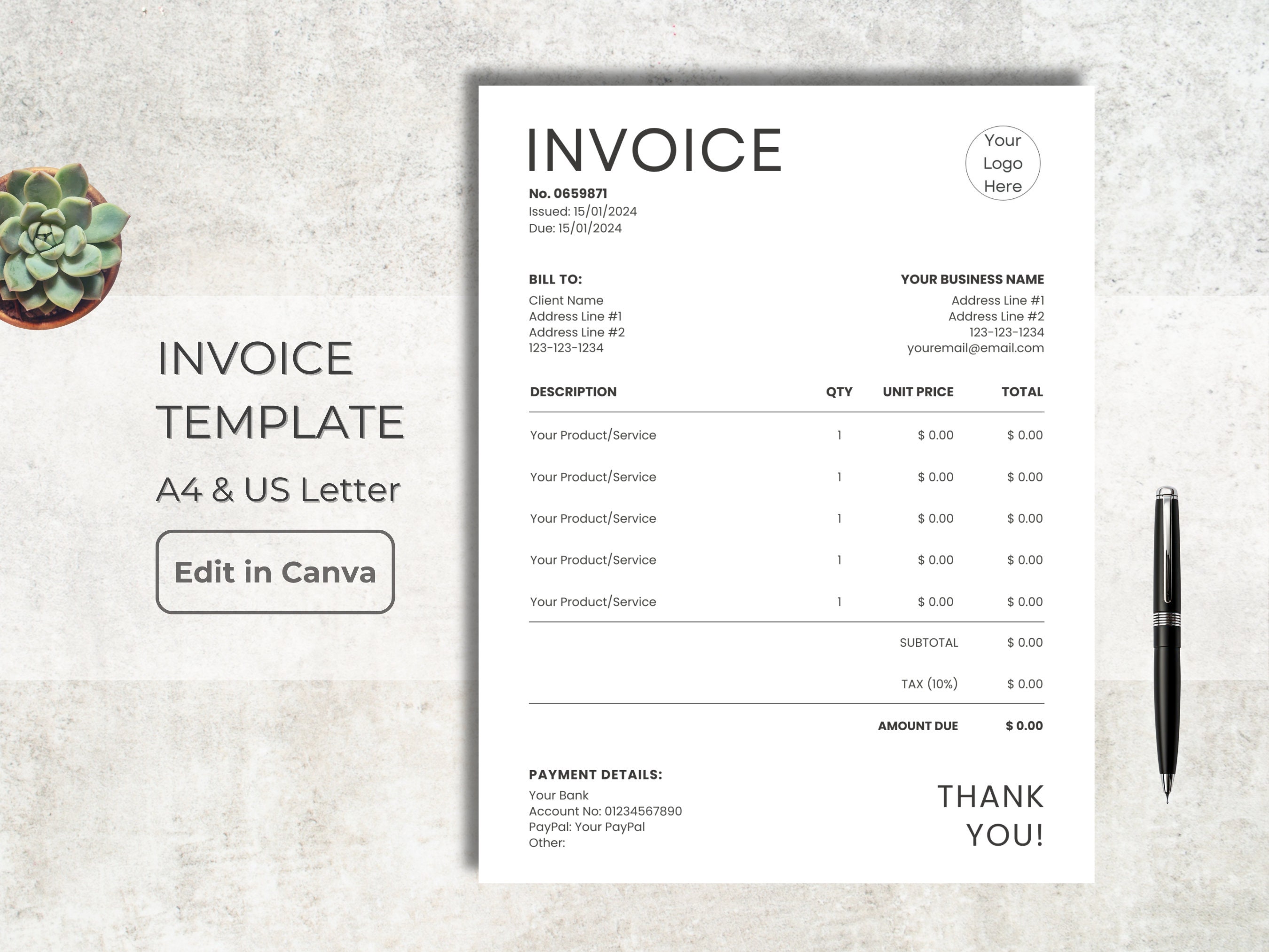 Simple Invoice Template for Canva Minimalist and Professional Invoice ...