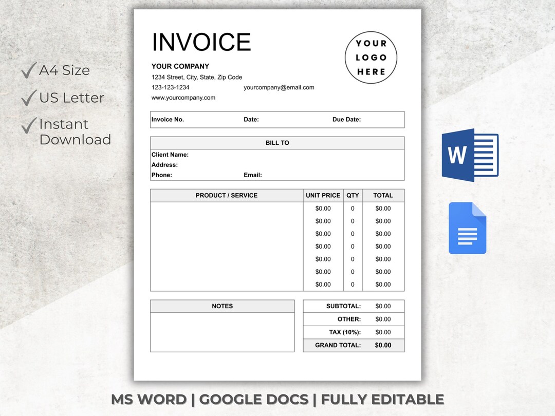 Invoice Template Word, Editable Google Docs, Printable Invoice Form ...