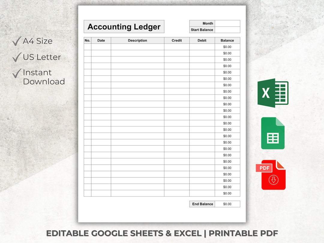 Accounting Ledger, Editable Excel/google Sheets, Printable PDF, General ...