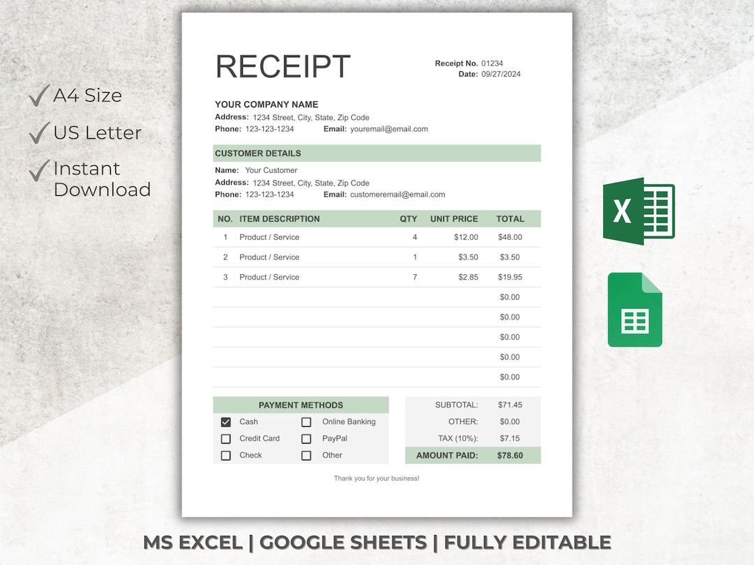 Receipt Template Excel, Printable Payment Receipt, Google Sheets, Sales ...