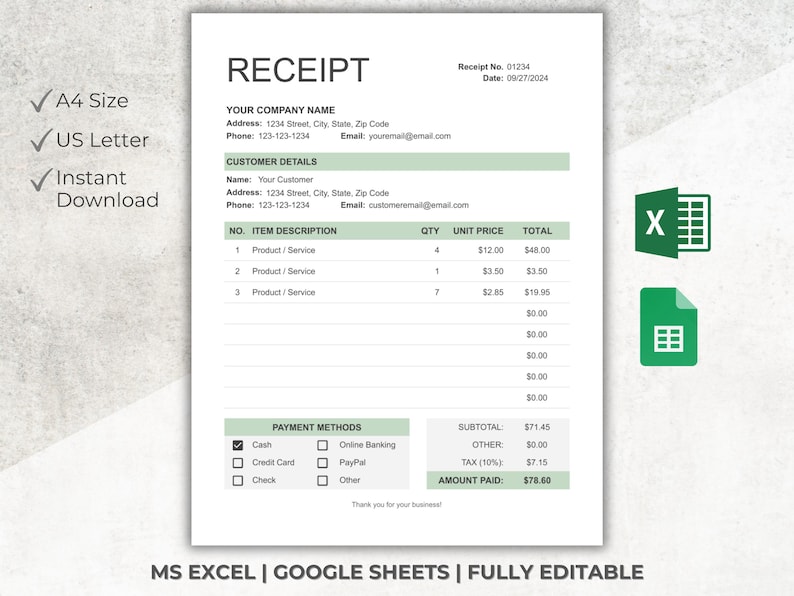 Receipt Template Excel, Printable Payment Receipt, Google Sheets, Sales ...