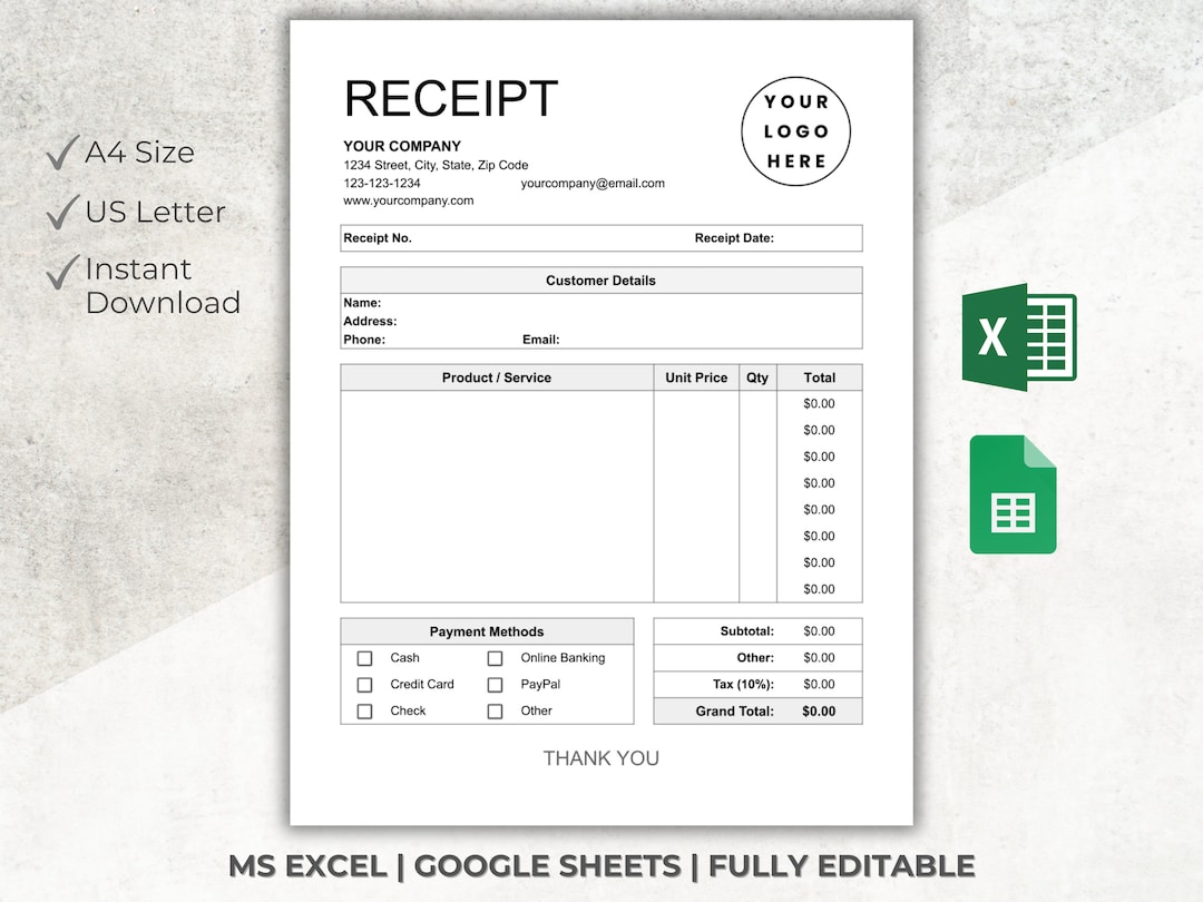 Receipt Template Excel, Printable Receipt, Google Sheets, Payment ...