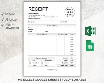 Receipt Template Excel, Printable Payment Receipt, Google Sheets, Sales ...