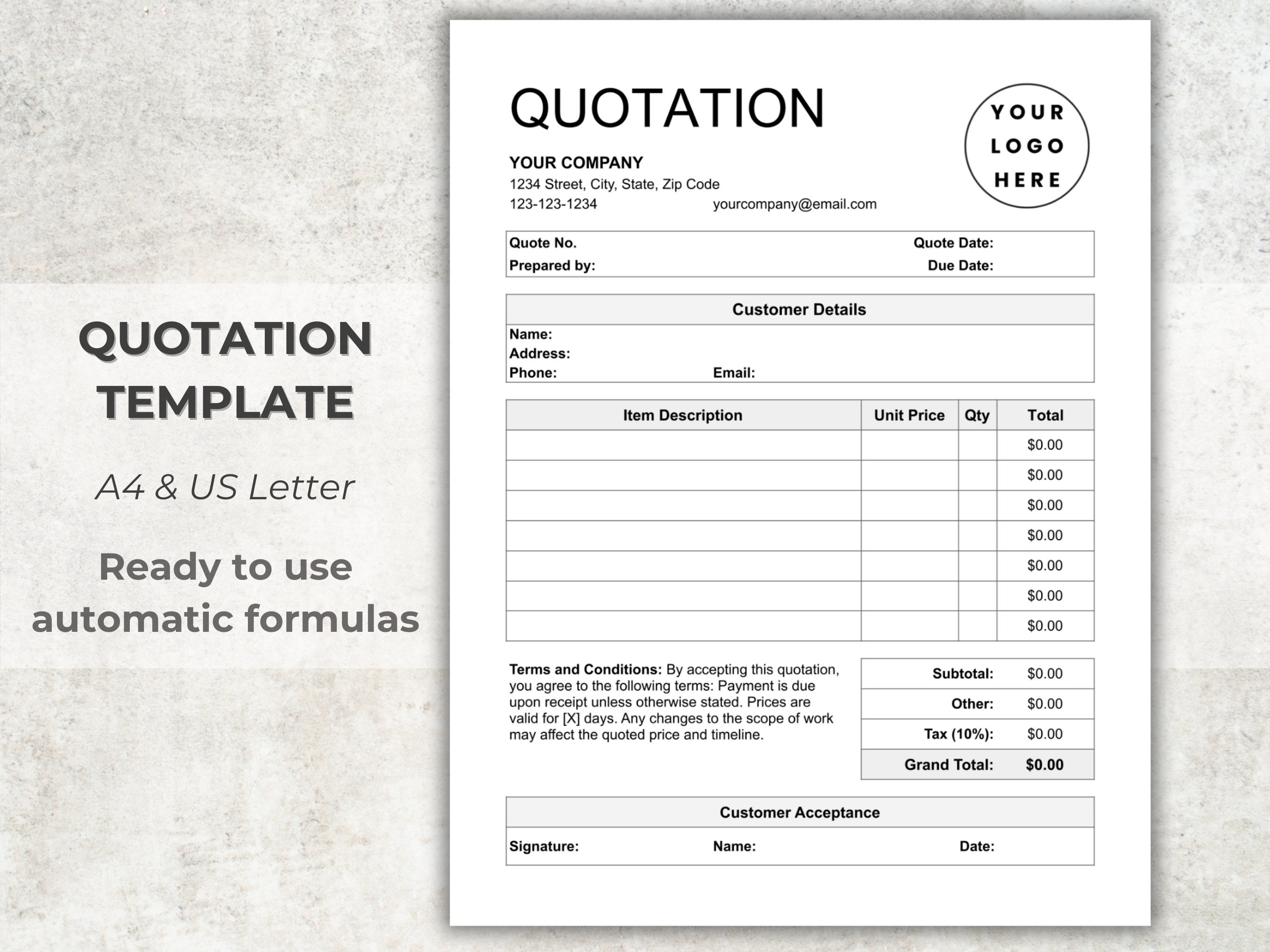 Invoice, Receipt, Job Estimate, Purchase Order, Quotation, Excel/google ...