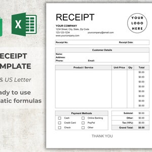 Receipt Template Excel, Printable Receipt, Google Sheets, Payment ...