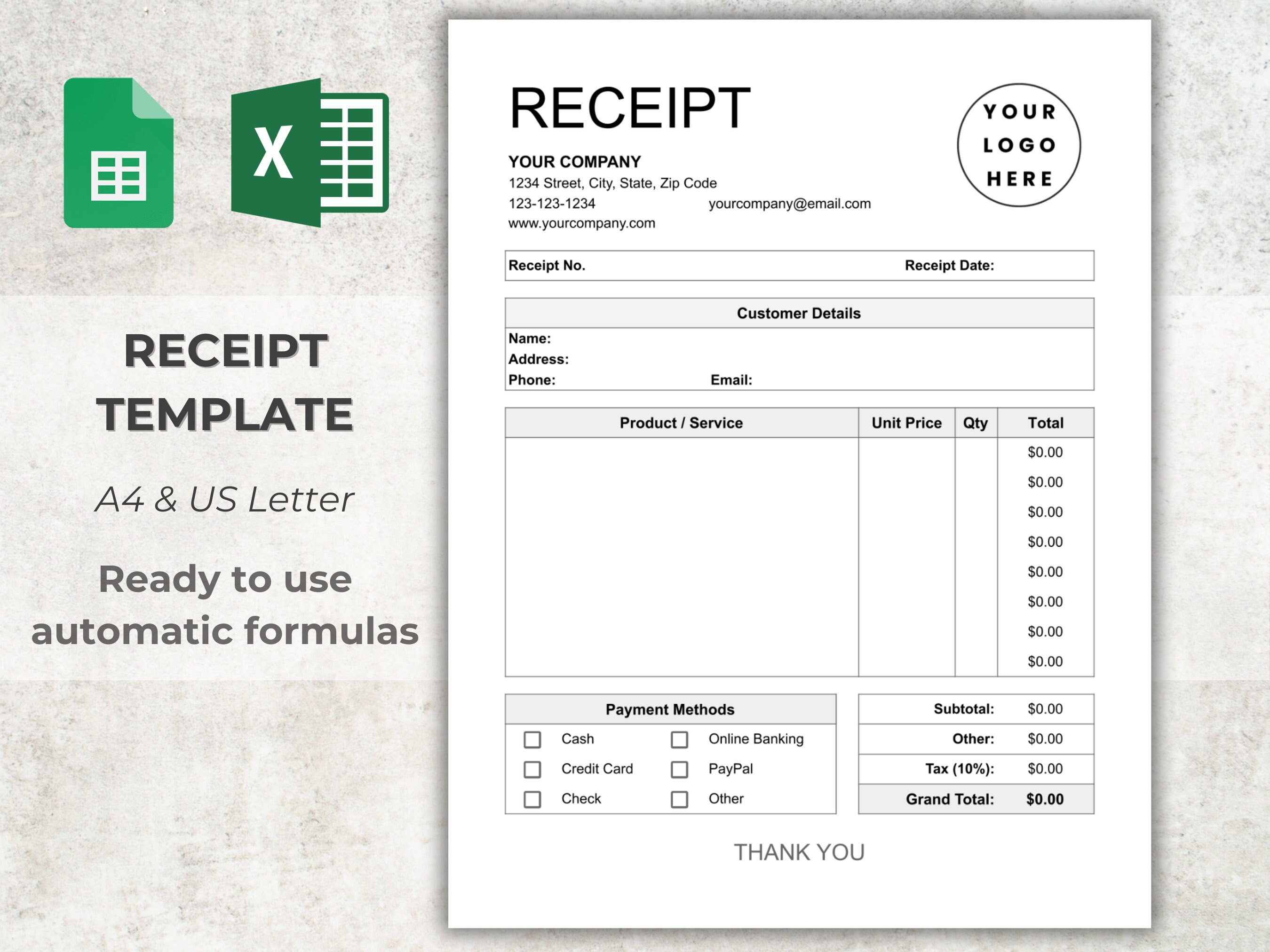 Receipt Template Excel, Printable Receipt, Google Sheets, Payment ...