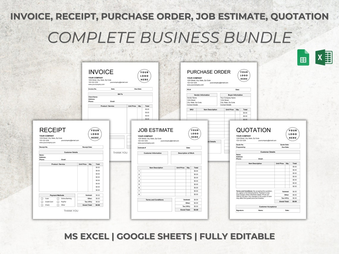 Invoice, Receipt, Job Estimate, Purchase Order, Quotation, Excel/google ...