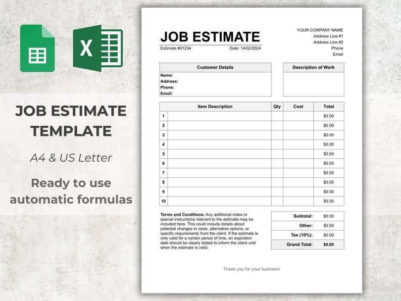 Editable Job Estimate Template | Excel, Google Sheets (digital Download ...
