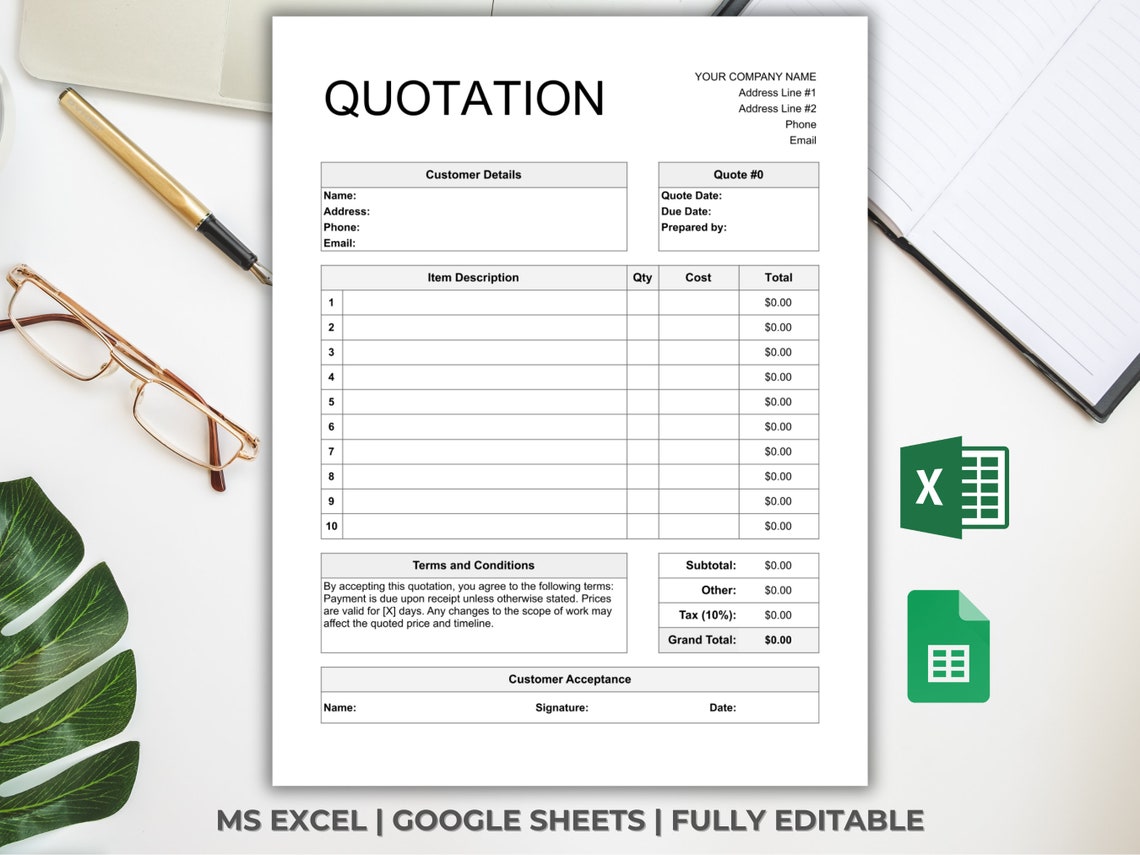 Quotation Template Editable Quote Excel Small Business Template Excel ...