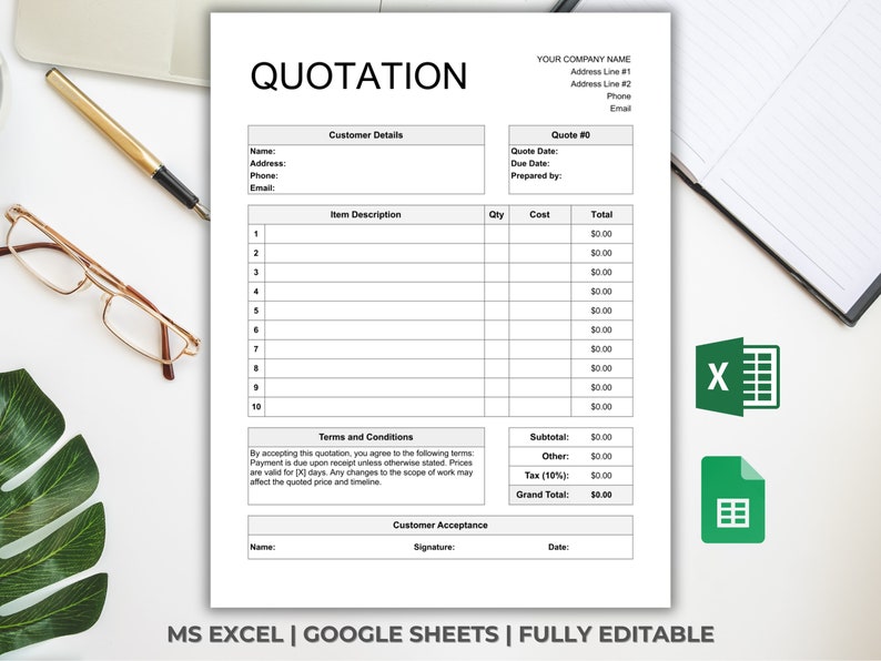 Quotation Template Editable Quote Excel Small Business Template Excel ...
