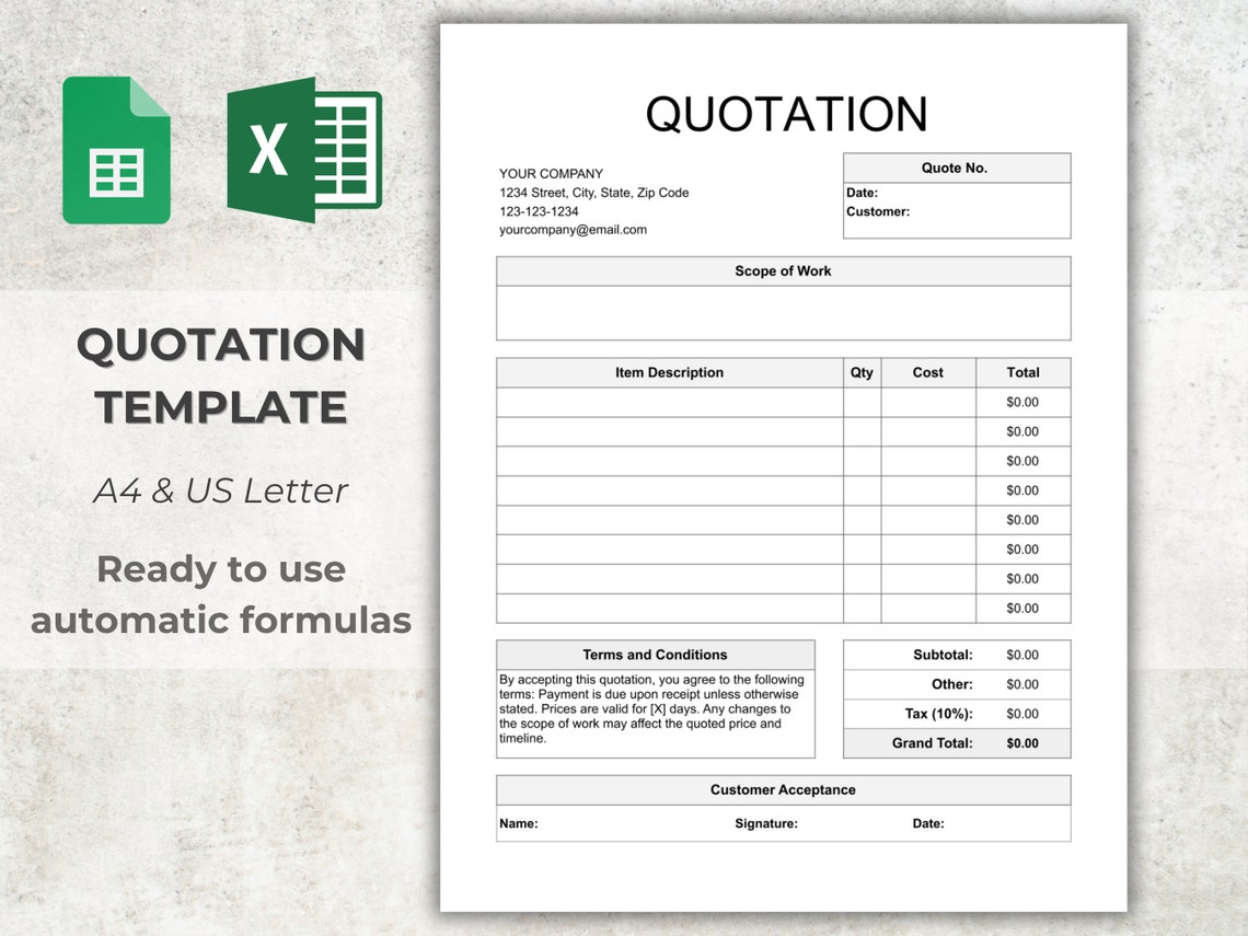 Quotation Template | Editable Price Quote | MS Excel | Google Sheets ...