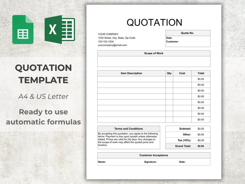 Quotation Template | Editable Price Quote | MS Excel | Google Sheets ...