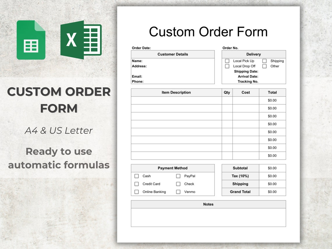 Custom Order Form Template | Editable Excel, Google Sheets (digital) - Etsy