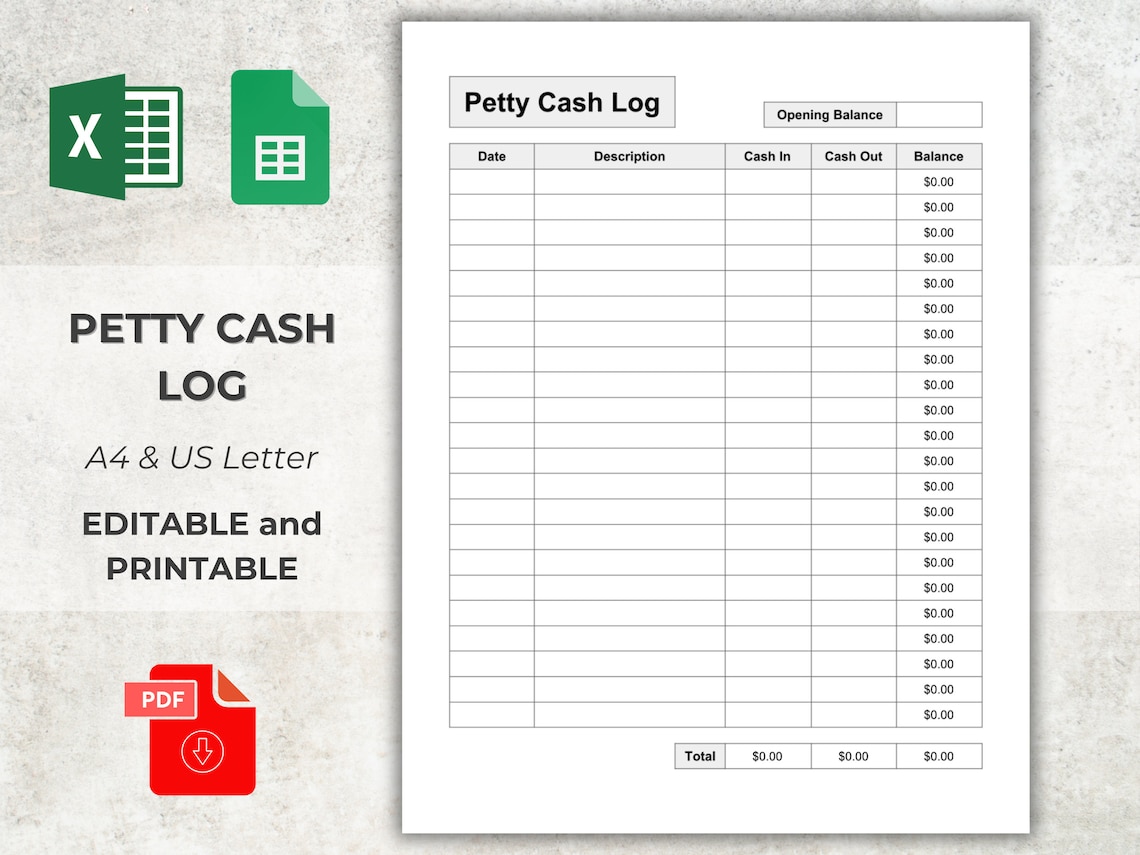 Editable Petty Cash Log Template, Excel, Google Sheets (PDF) - Etsy