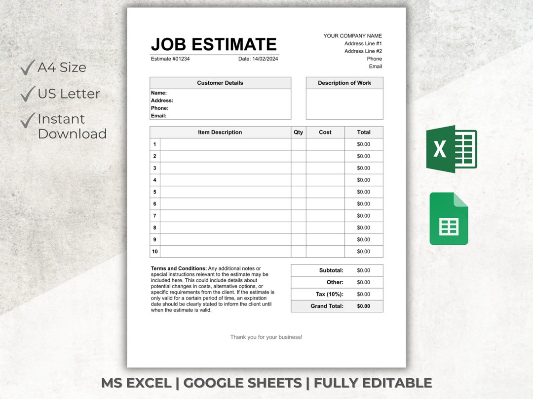 Job Estimate Template | Editable Quotation | Excel | Google Sheets ...