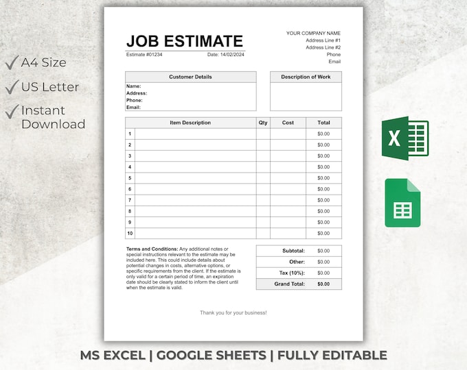 Job Estimate Template Editable Quotation Excel Google Sheets Price ...