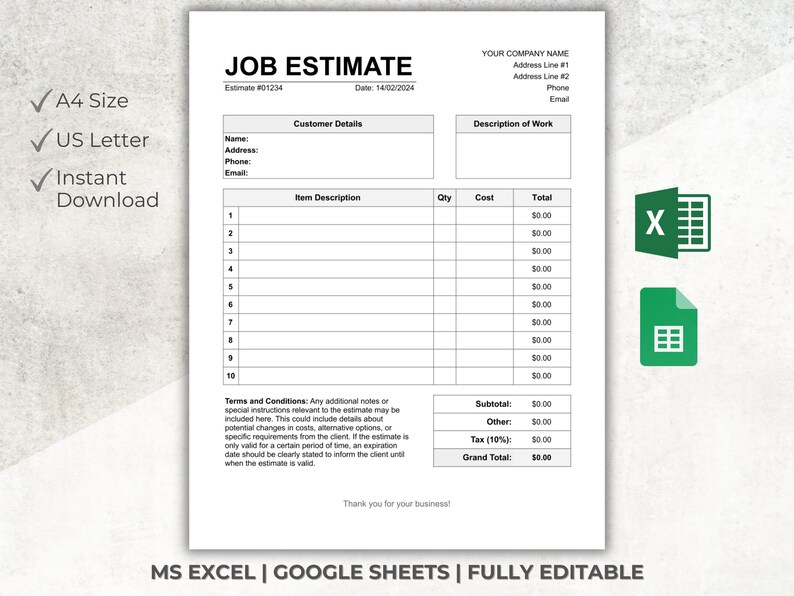 Editable Job Estimate Template | Excel, Google Sheets (digital Download ...