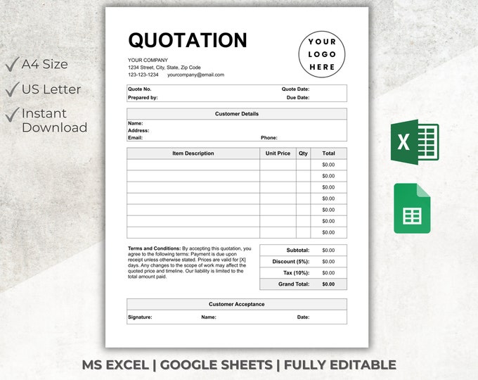 Quotation Template Editable Quote Form Price Quote for Small Business ...