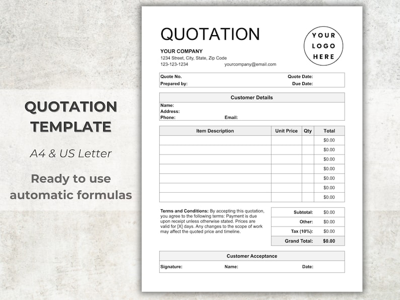 Invoice Template, Quotation, Receipt, Excel/google Sheets, Editable ...