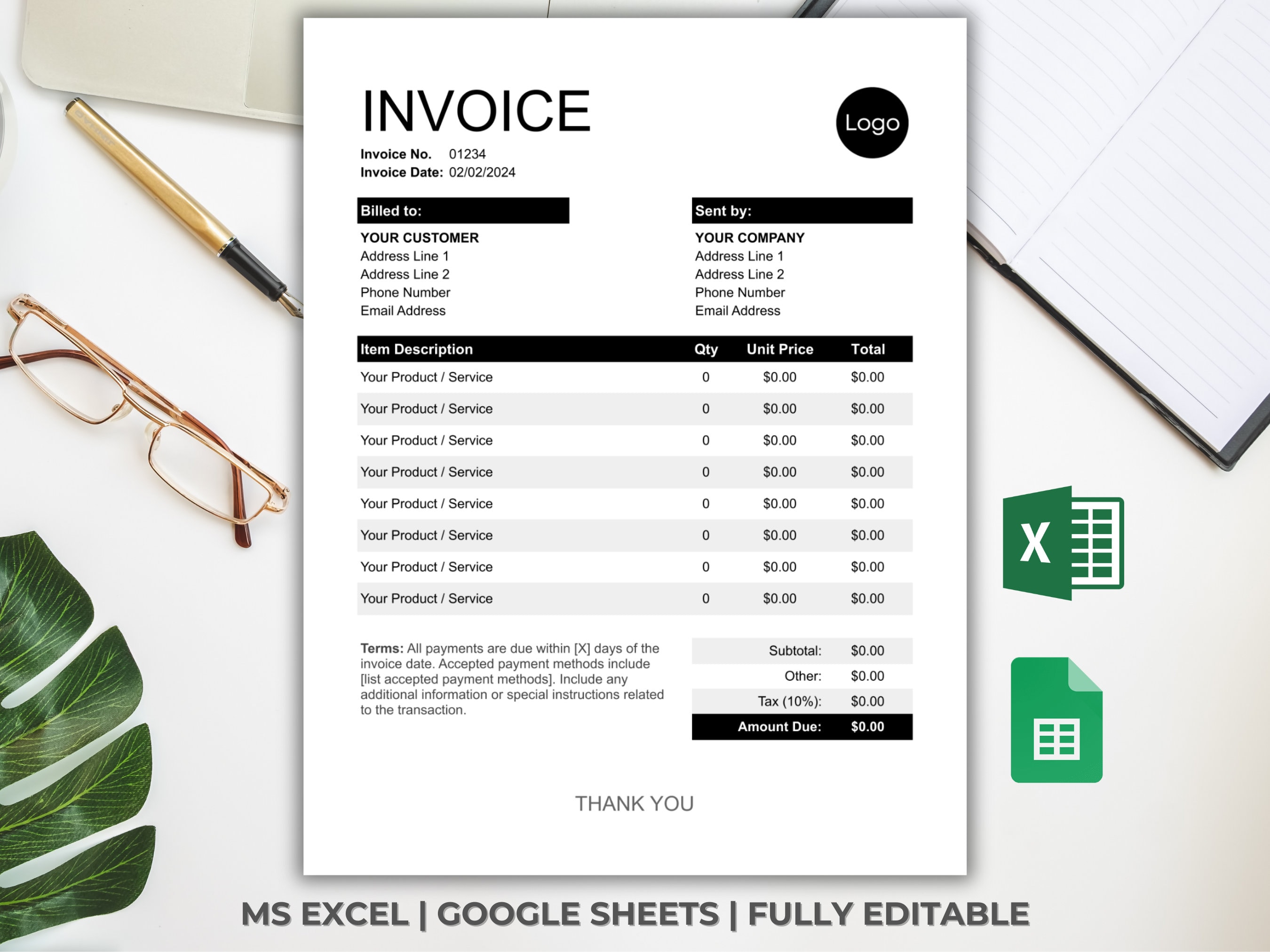 Invoice Template Editable Invoice Excel Google Sheets Online Invoice ...