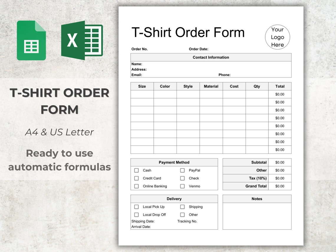 T-shirt Order Form Template | Editable Excel & Google Sheets (digital ...
