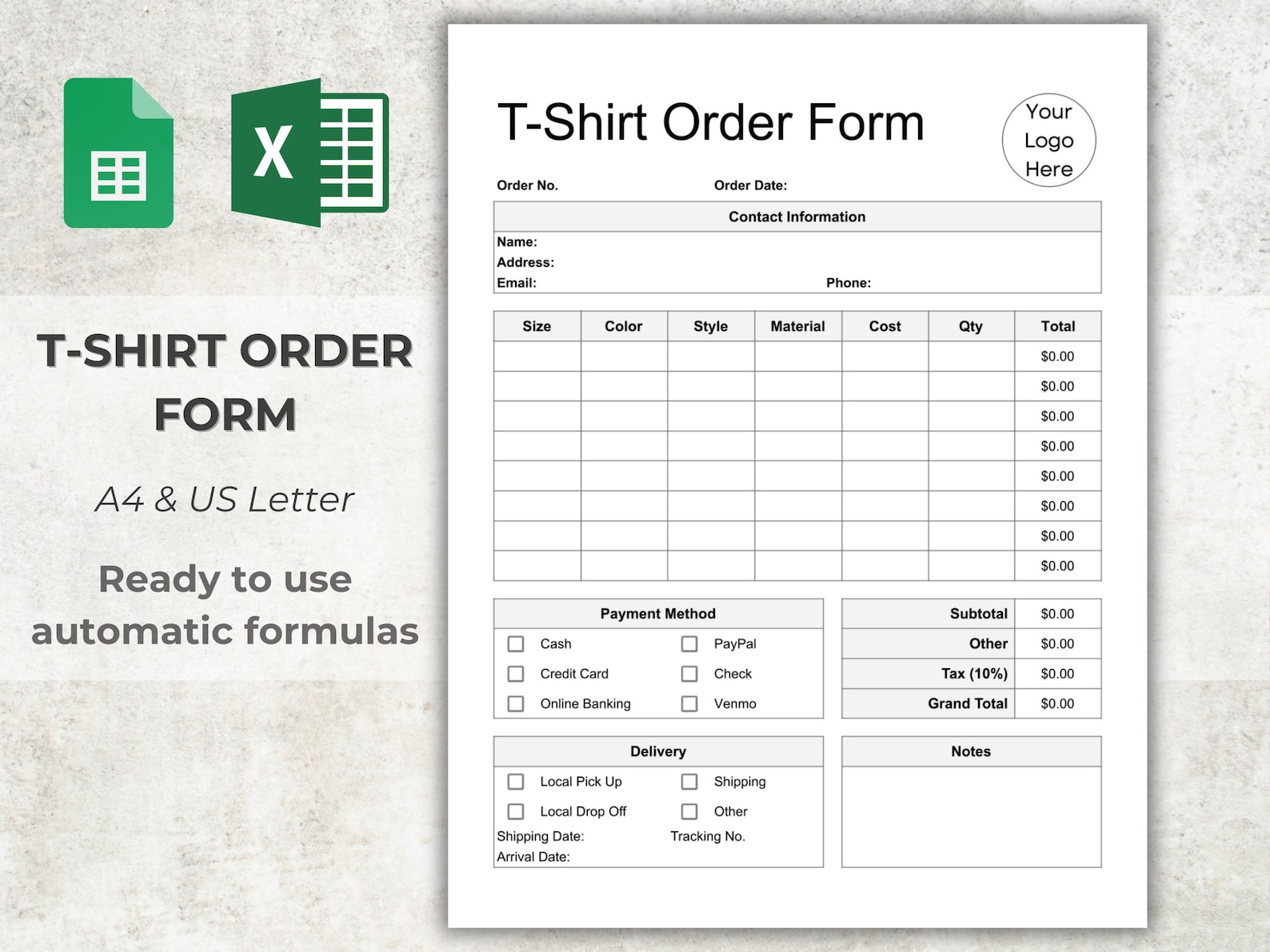 T-shirt Order Form Template | Editable Excel & Google Sheets (digital ...