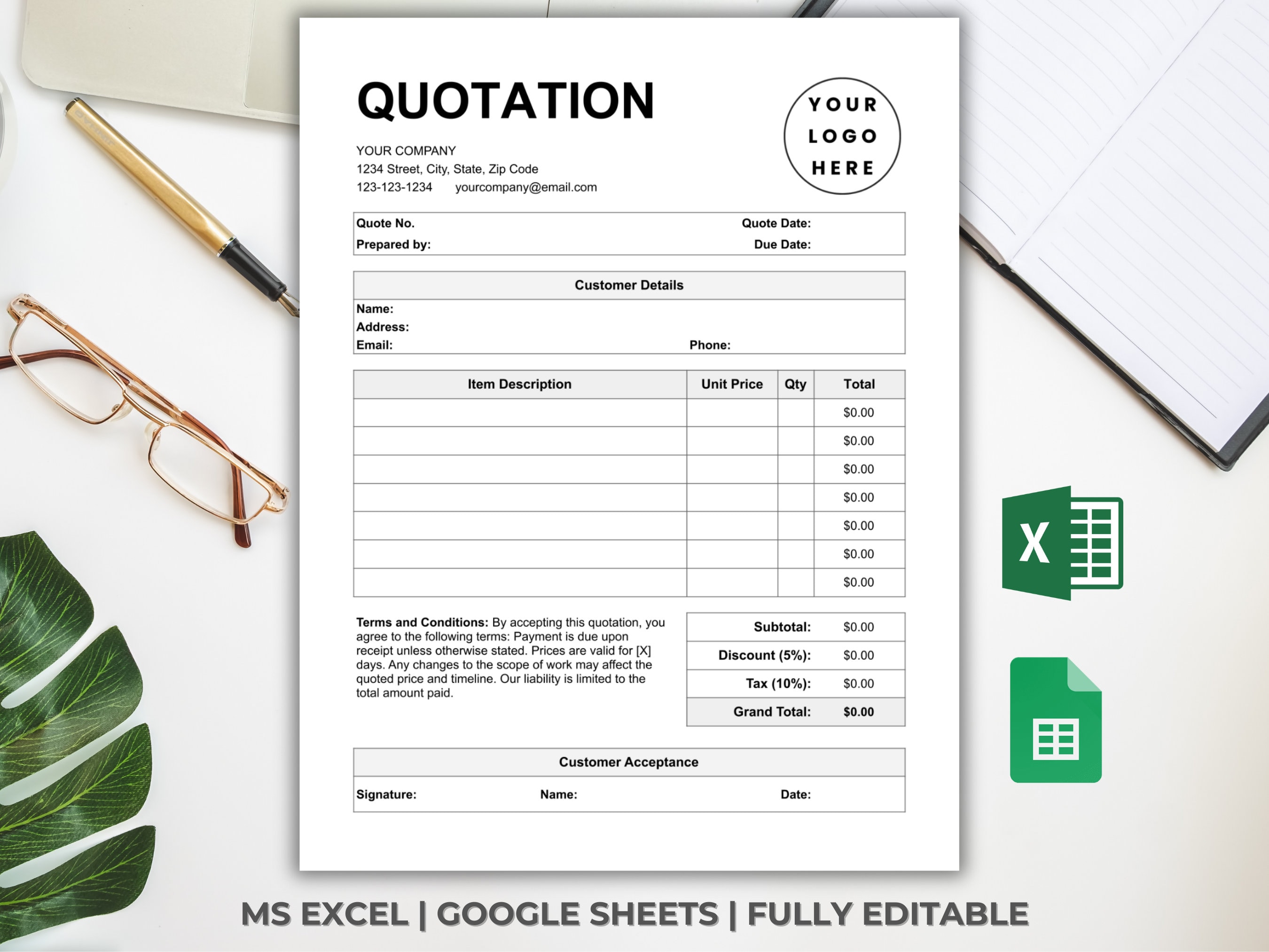 Quotation Template Editable Quote Form Price Quote for Small Business ...