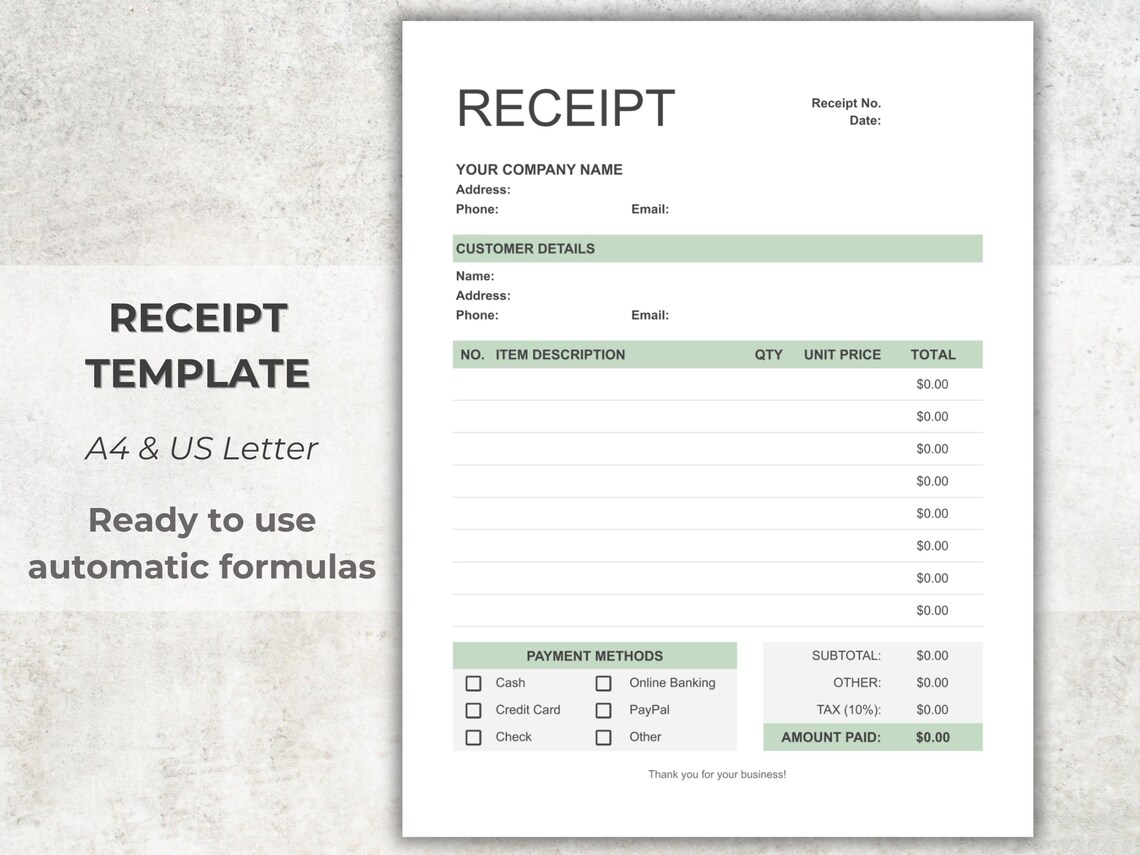 Receipt Template Excel, Printable Payment Receipt, Google Sheets, Sales ...