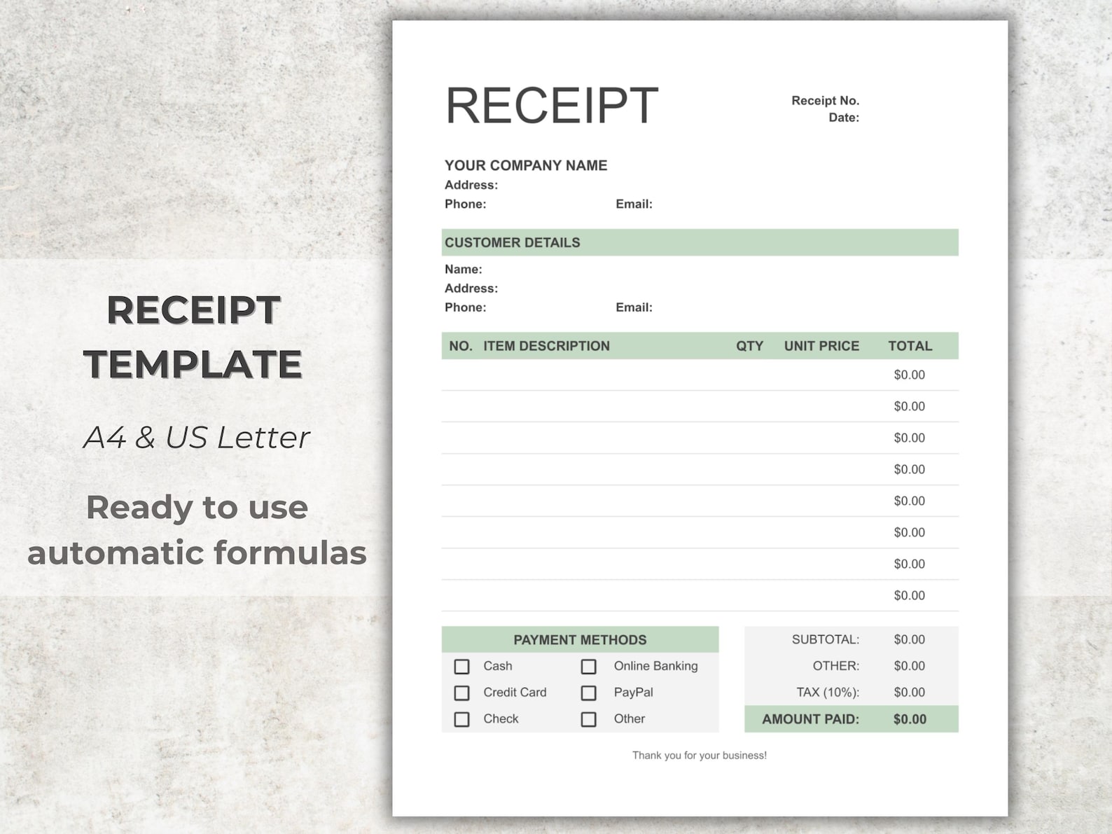 Receipt Template Excel, Printable Payment Receipt, Google Sheets, Sales ...