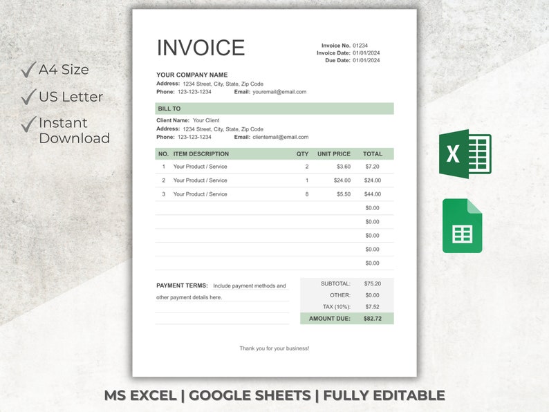Invoice Template, Editable Excel/google Sheets, Simple Invoice Form ...