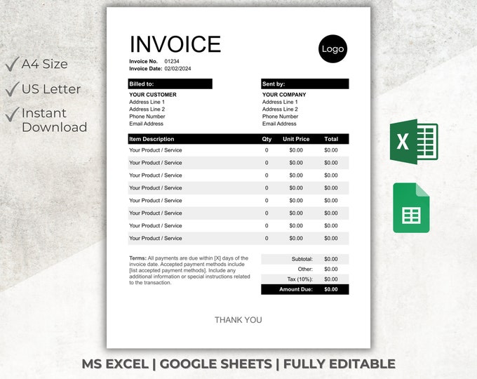 Invoice Template, Editable Invoice Excel, Google Sheets, Online Invoice ...