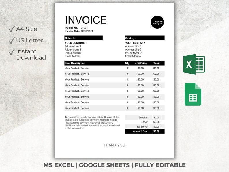 Invoice Template, Editable Invoice Excel, Google Sheets, Online Invoice ...