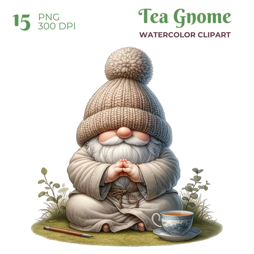 Watercolor Tea Gnome, Drinking Tea Gnome, Meditating Gnome, Clipart ...