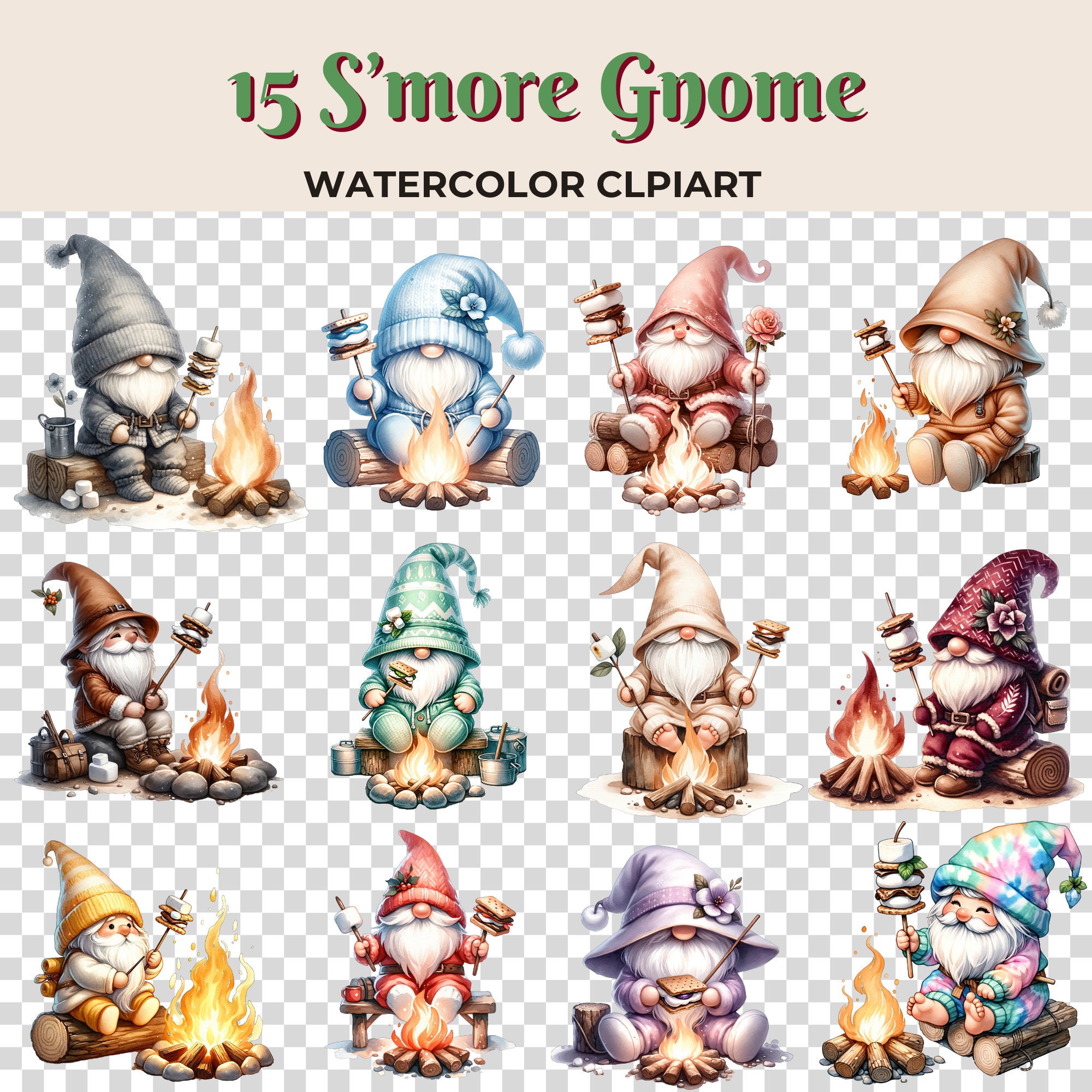Watercolor S'more Gnome, Camping Gnome, Marshmallow Gnome, Clipart ...
