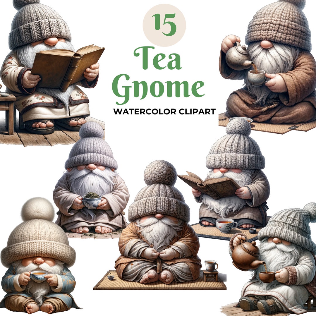 Watercolor Tea Gnome, Drinking Tea Gnome, Meditating Gnome, Clipart ...