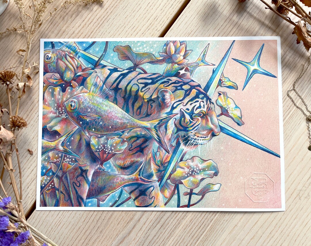 Fantasy Tiger Print A4 Print 210 X 297mm Fish & Floral Wall Poster ...