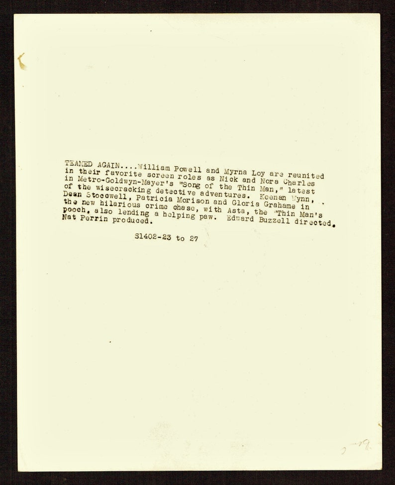 Original 1947 Song of the Thin Man Myrna Loy William Powell MGM Publicity Photo P143 - Etsy