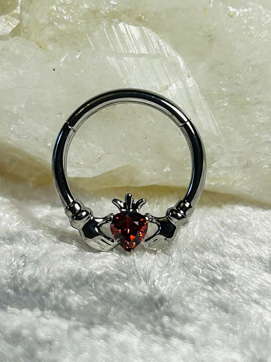 Claddagh Design Hinged Ring With Red CZ Heart Medical Grade Titanium ...
