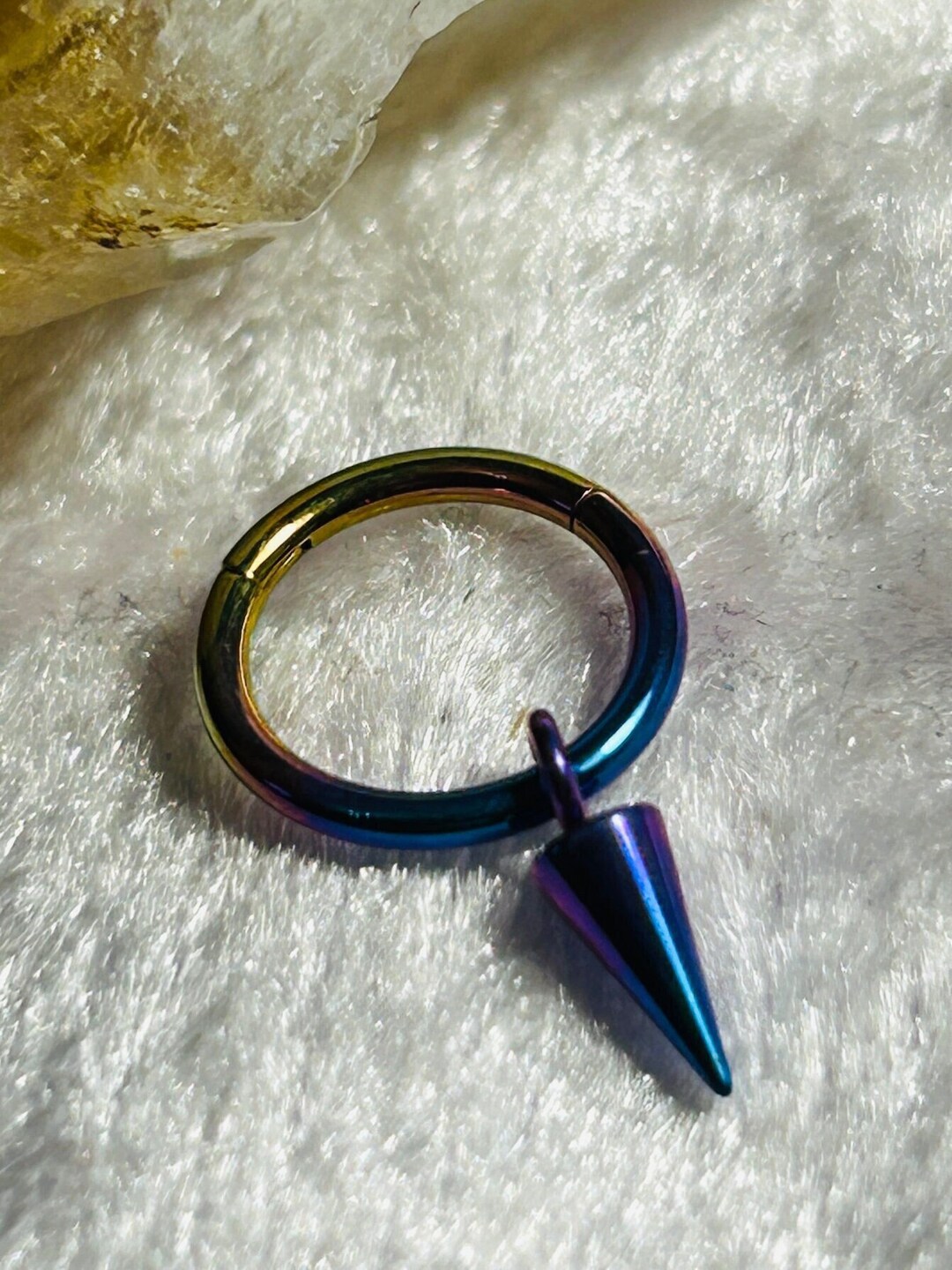 Hinged Ring With Spike Dropper Charm - Rainbow Anodised Medical Grade ...