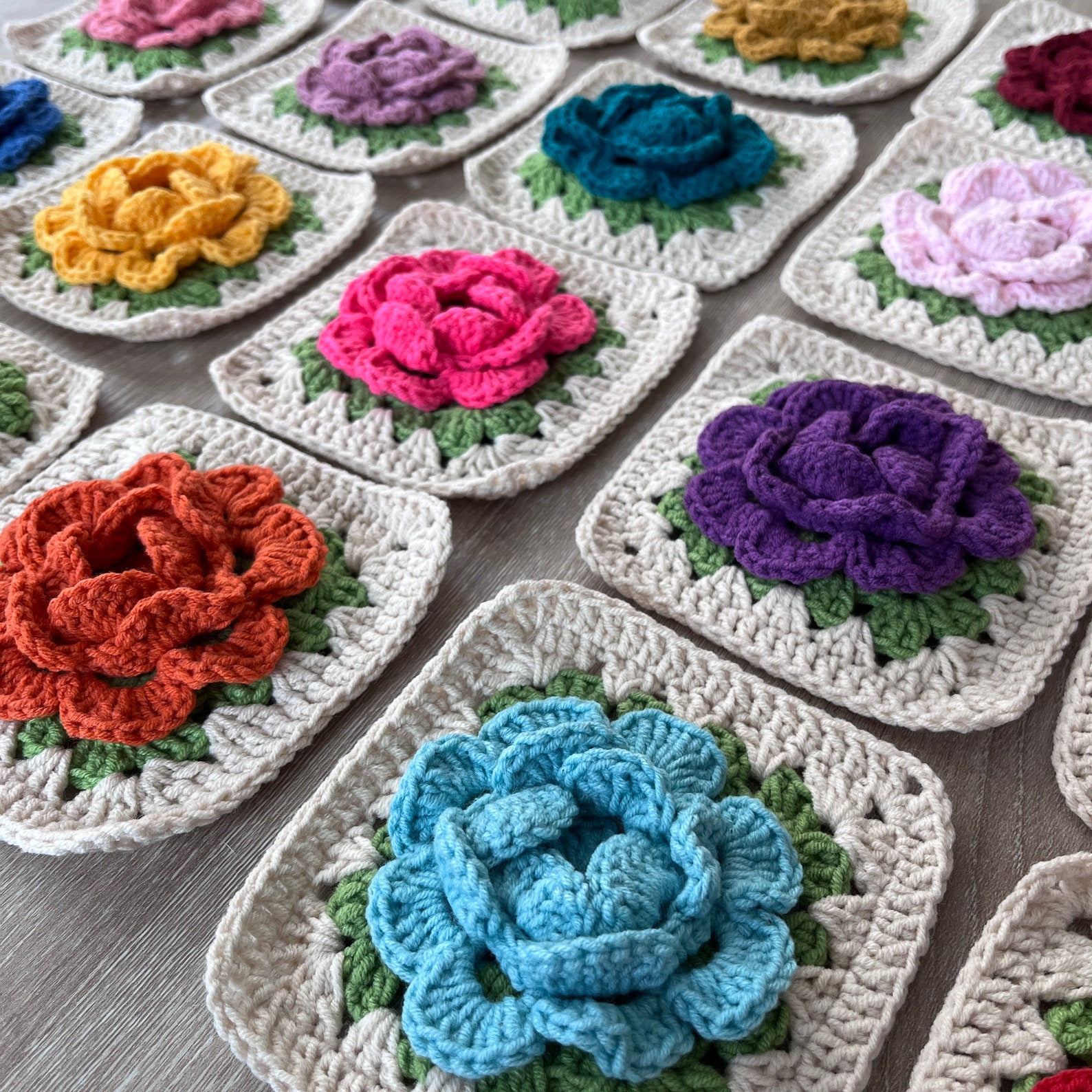 Set of 24 Rose Granny Square Set, Premade Flower Granny Square Set ...