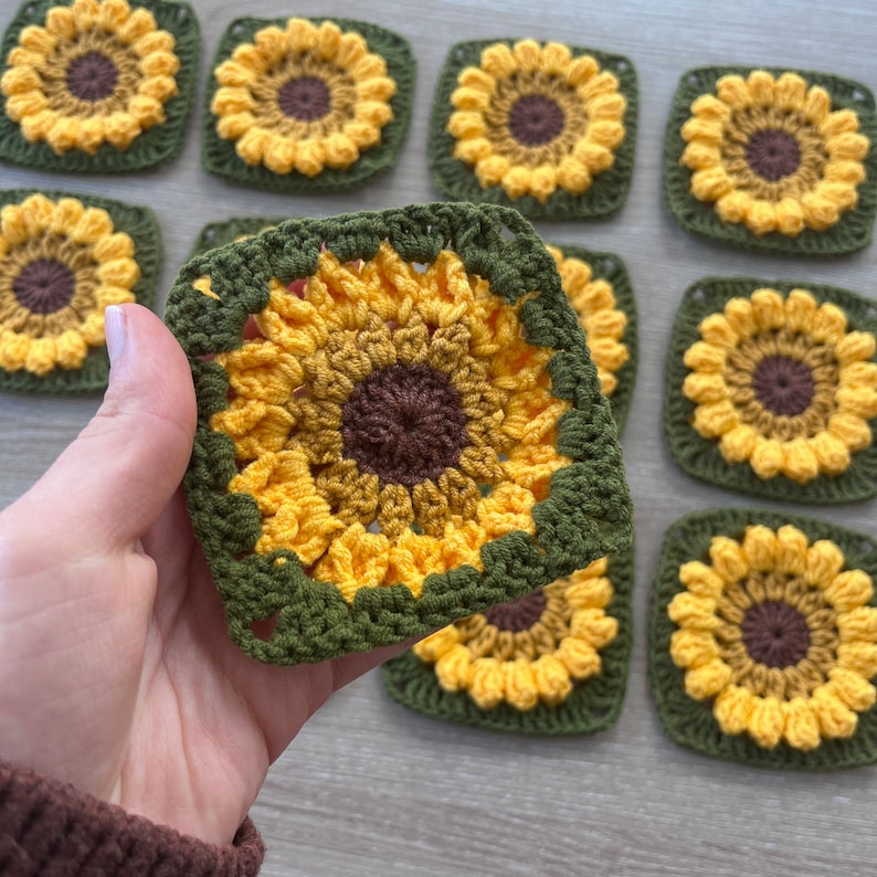 Set of 12 Sunflower Granny Square Kit , Premade Crocheted Sunflower ...